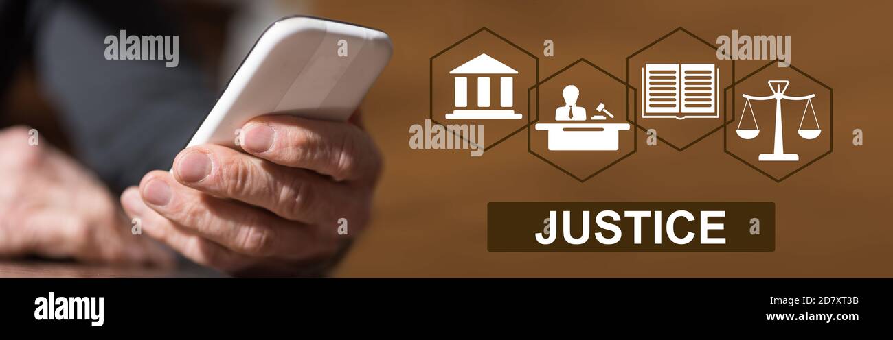 Hand holding mobil phone with justice concept on background Stock Photo ...