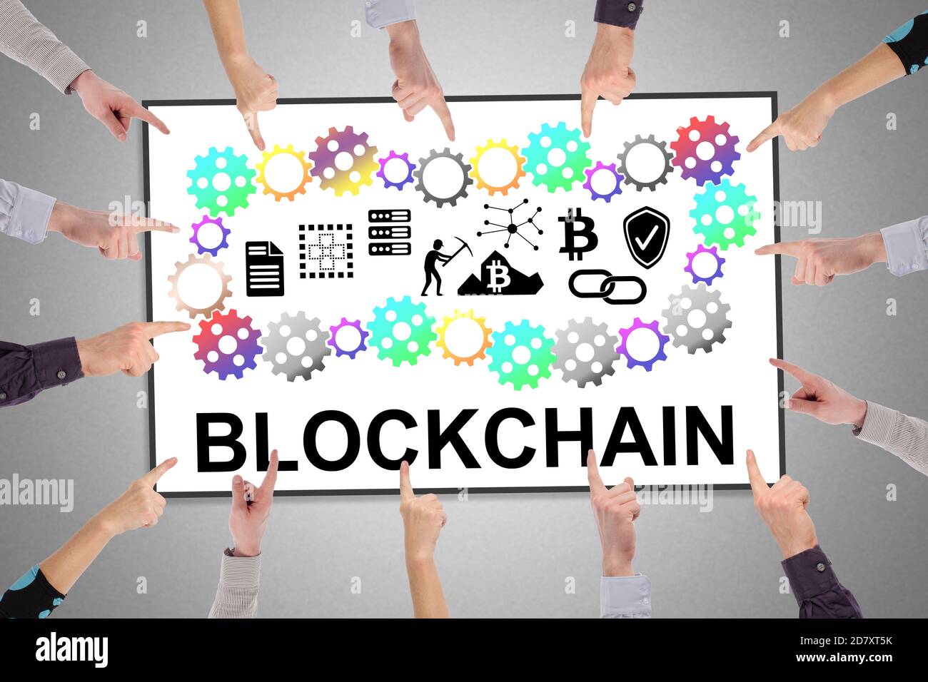 Hands pointing to blockchain concept Stock Photo - Alamy