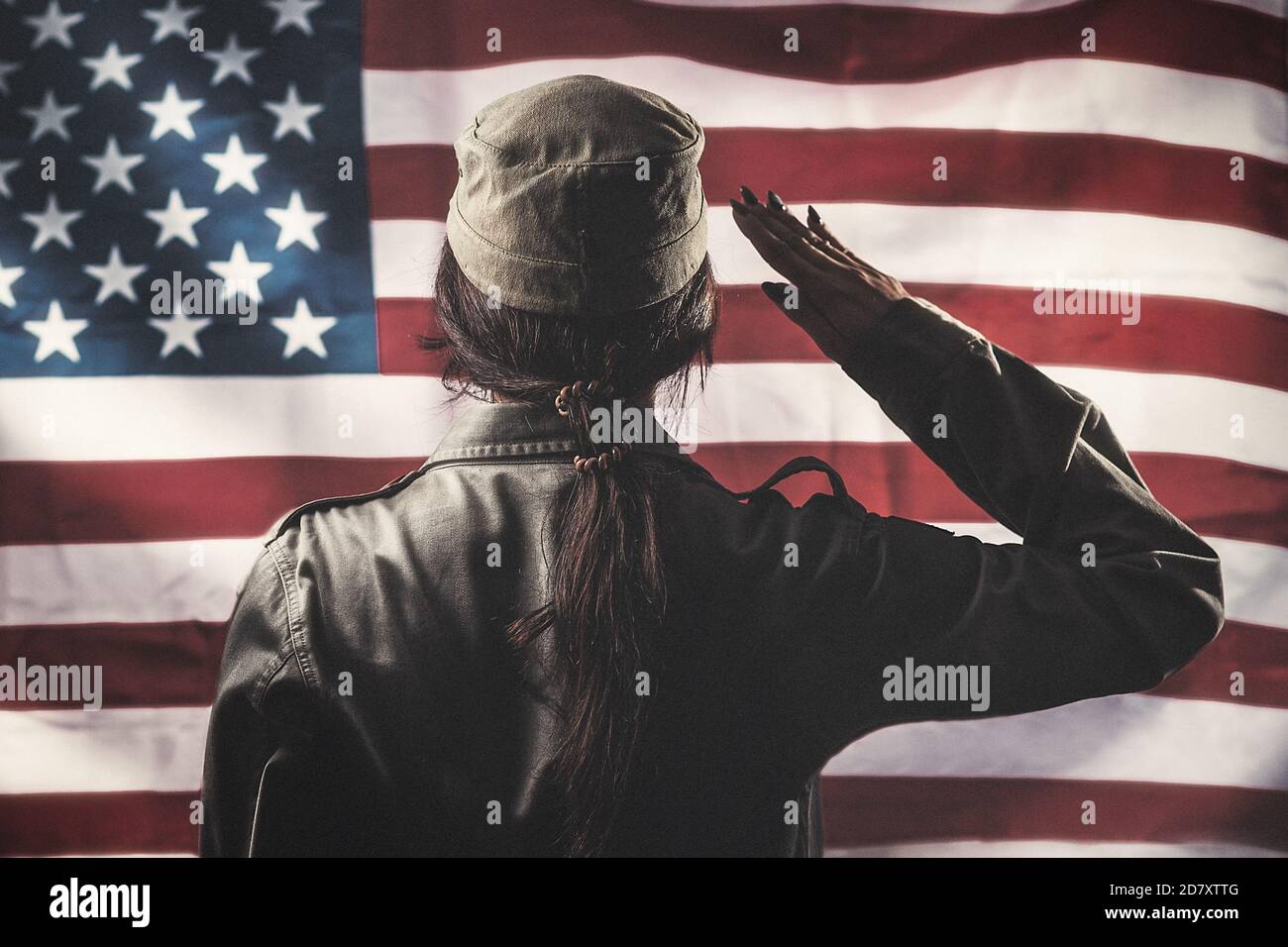 Veterans Day, Memorial Day, Independence Day. A female soldier saluting ...