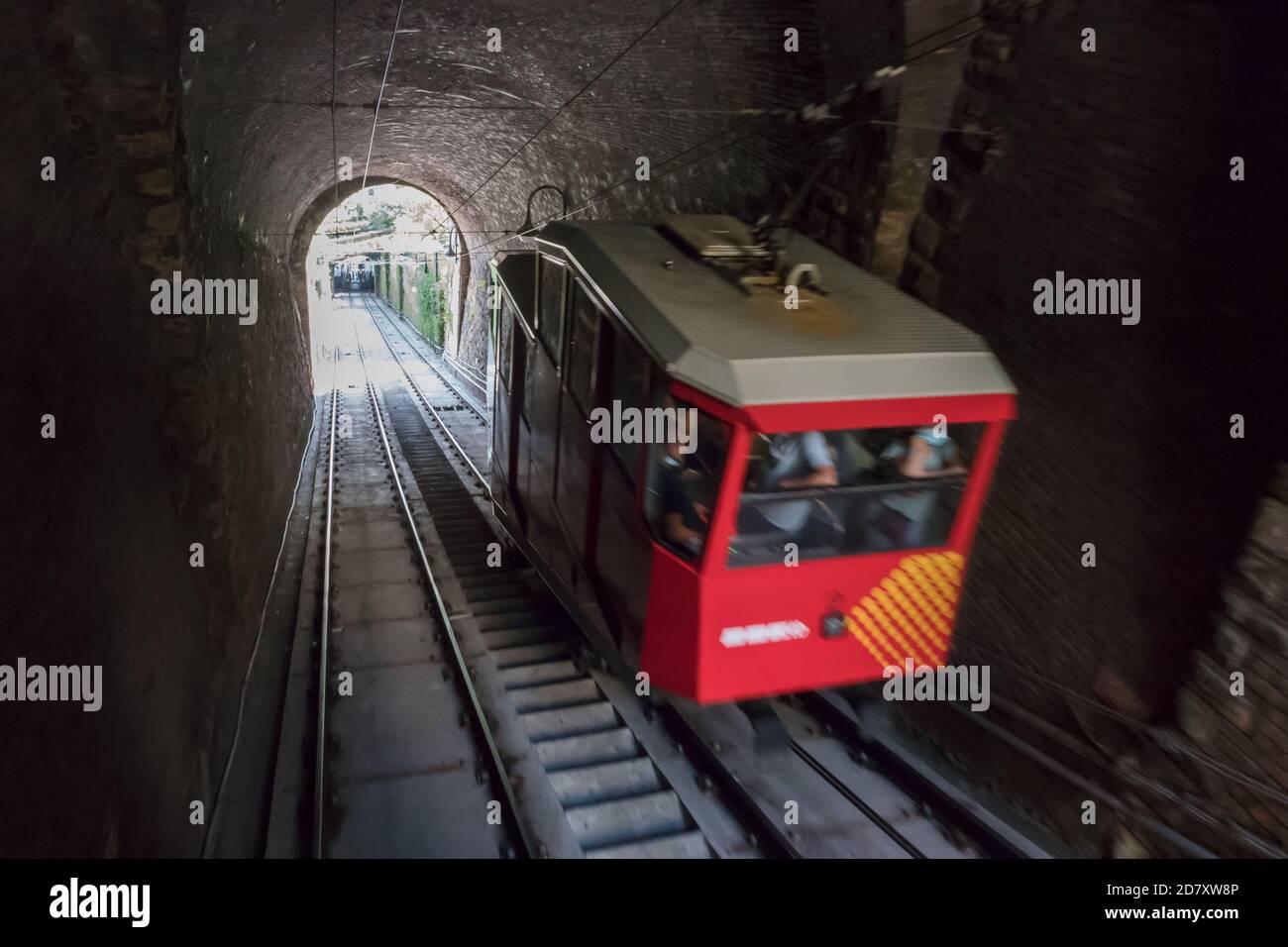 Upper city funicular line in Bergamo (Funicolare Citta Alta). Red ...