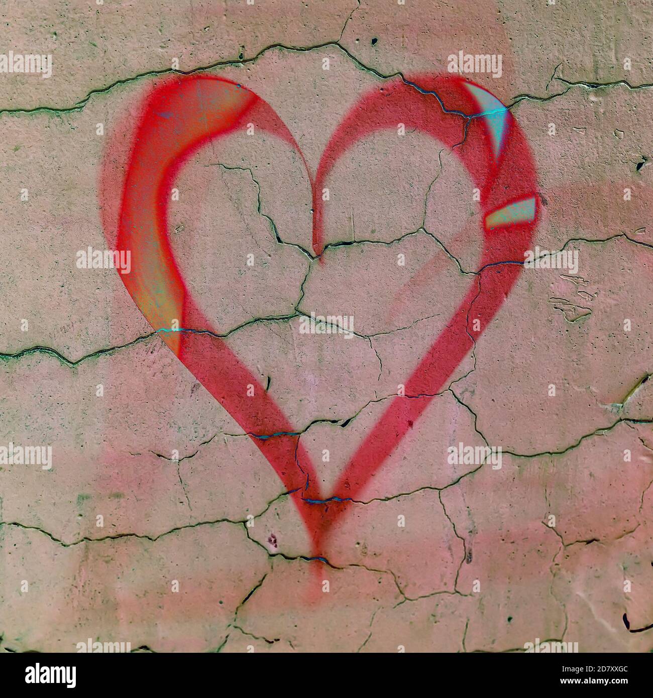 Heart graffiti close-up on wall with damaged stucco, plaster, modern ...