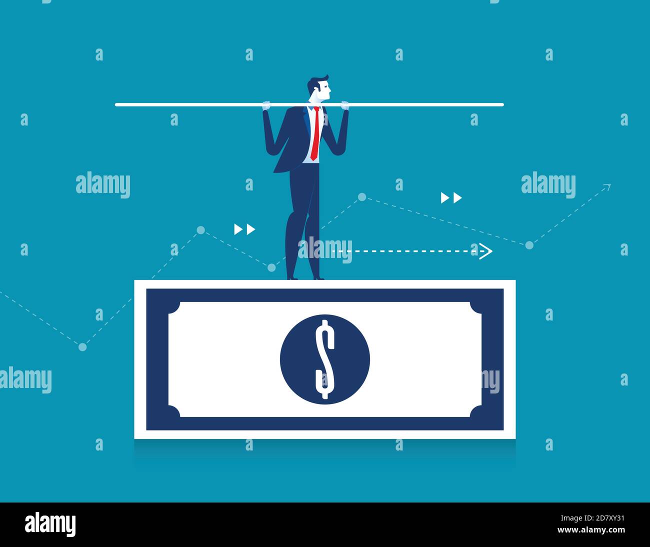 Man balancing on the dollar banknote. Concept business finance vector ...