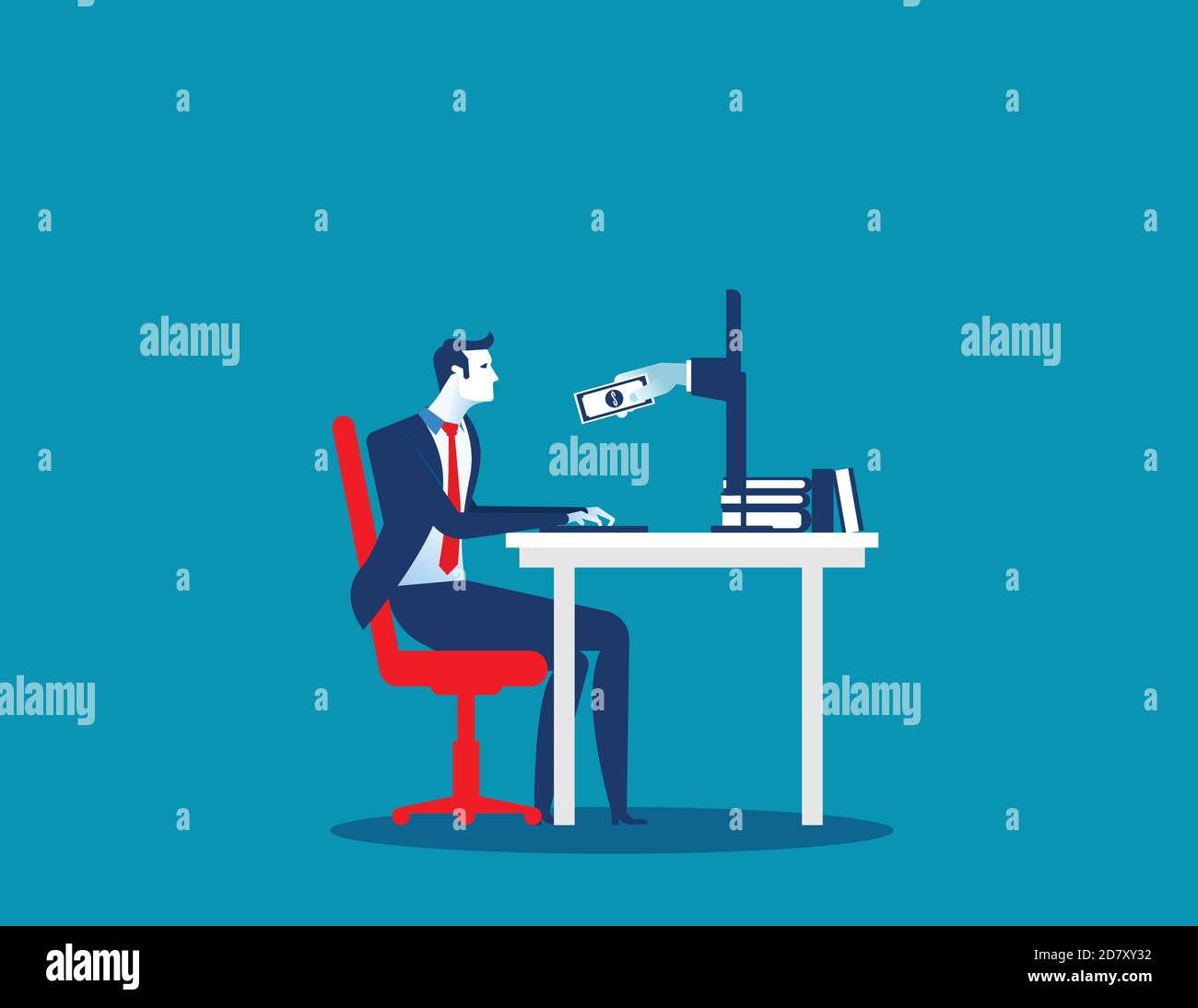 Hand holding dollar banknote coming out from computer monitor. Concept ...