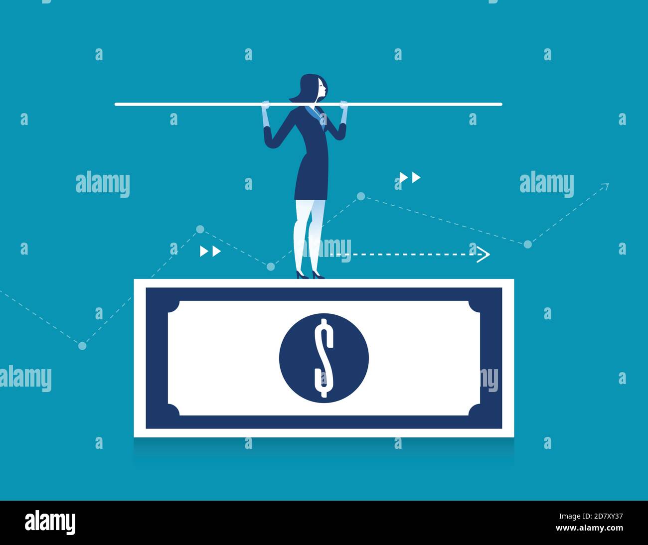 Woman balancing on the dollar banknote. Concept business finance vector ...