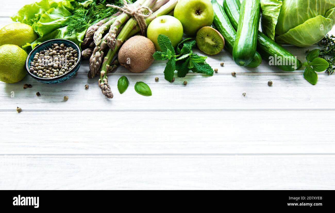 Healthy vegetarian food concept background, fresh green food selection ...