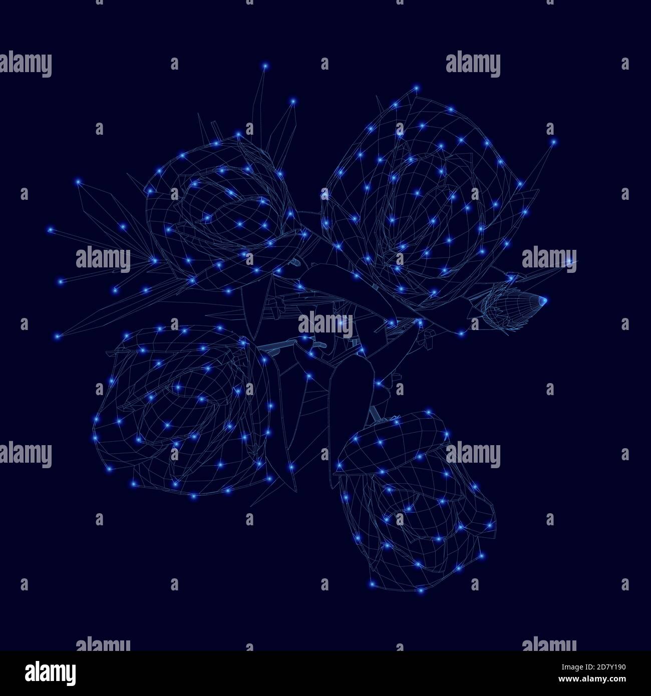 Wireframe of blue roses on a dark background with glowing lights. View ...