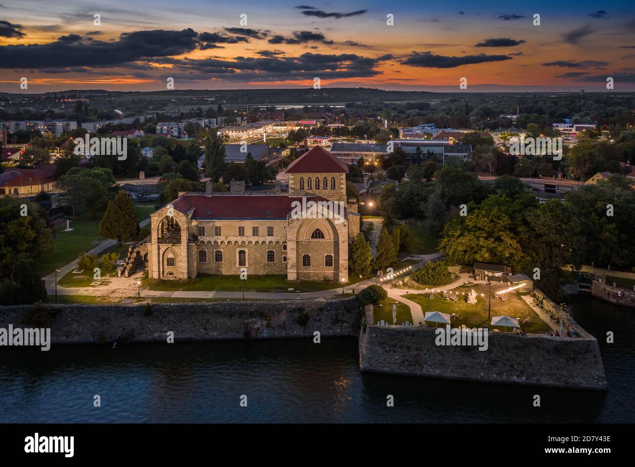 Tata, Hungary - Aerial view of the beautiful illuminated Castle of Tata ...
