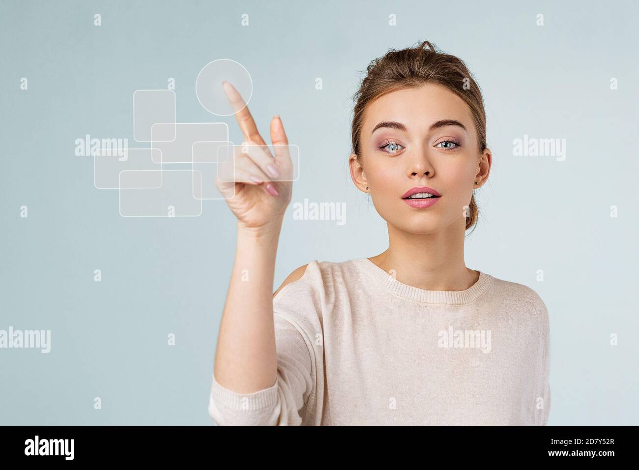 young beautiful woman pressing modern button on virtual screen and ...