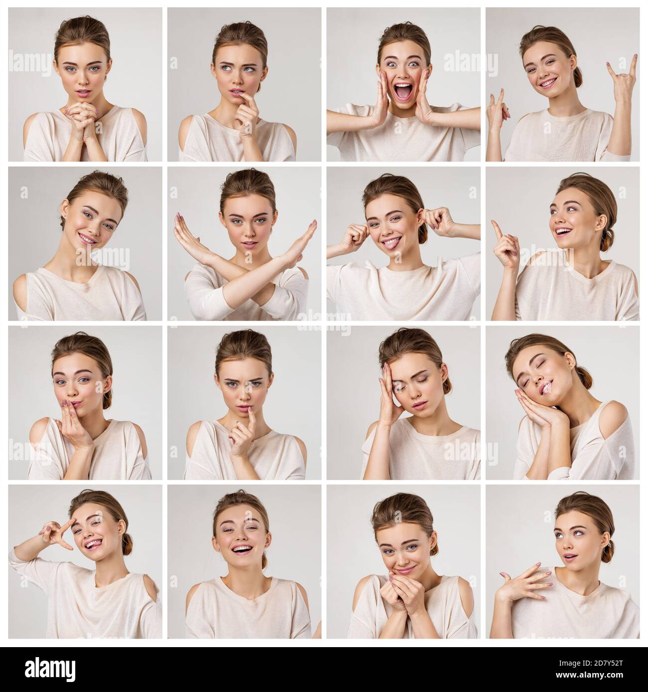 collage of portraits of young beautiful woman with different emotions ...