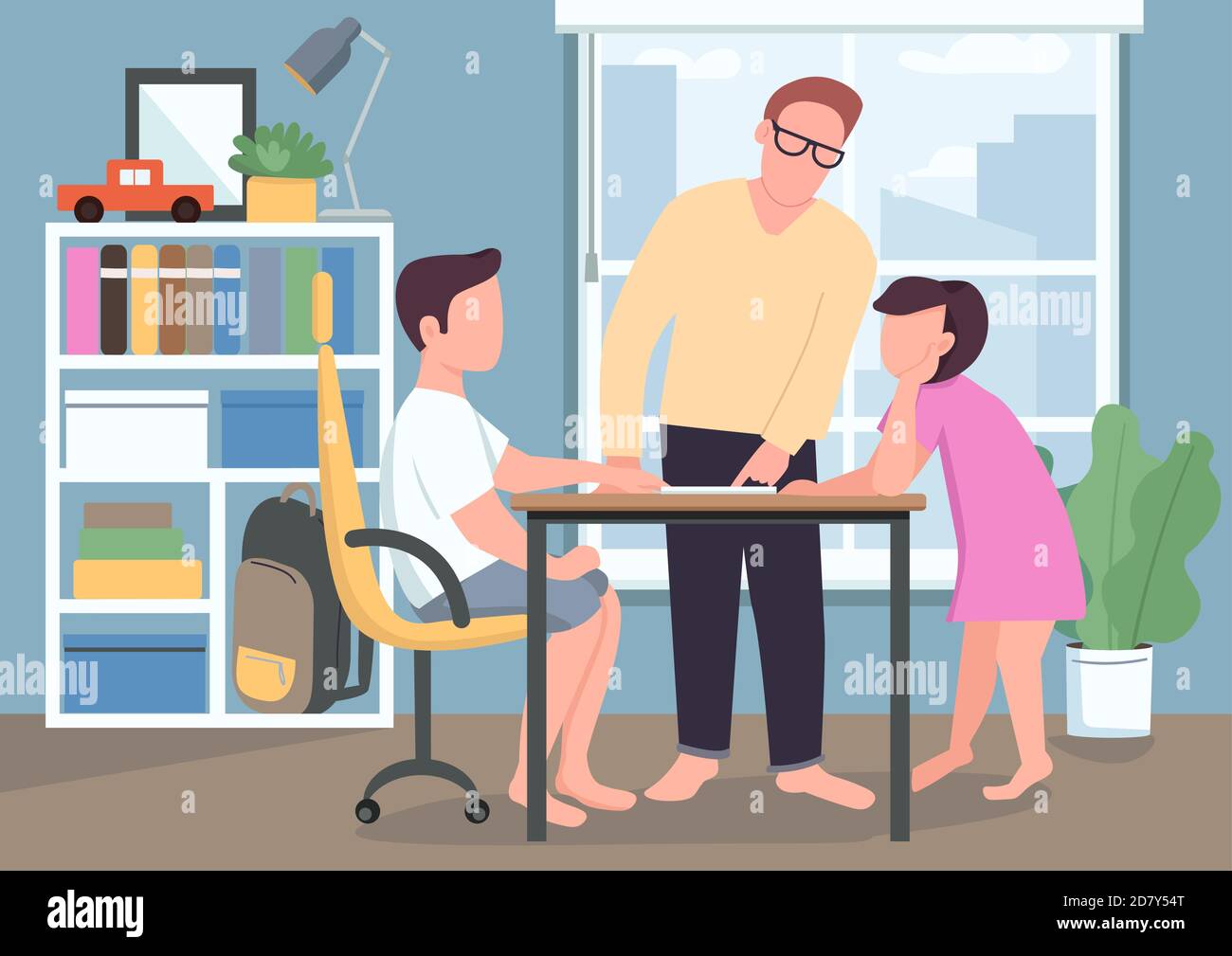 Father help kids with homework flat color vector illustration Stock ...