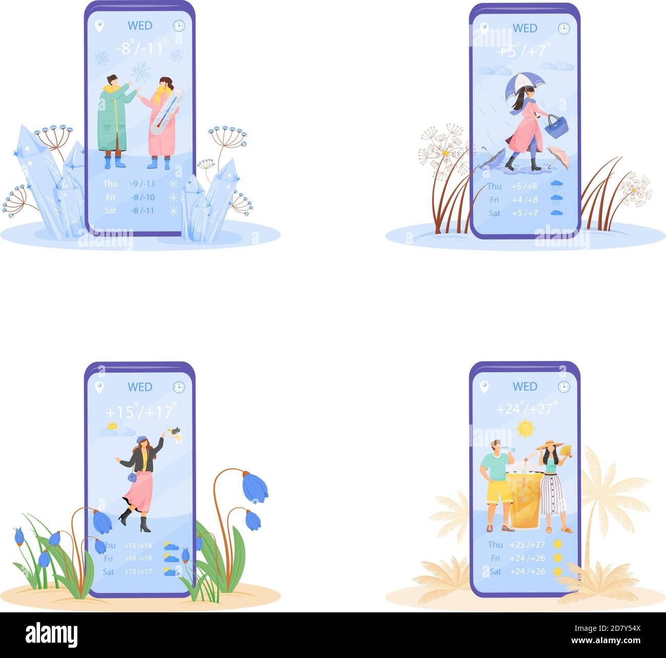 Weekly weather forecast cartoon smartphone vector app screen set Stock ...
