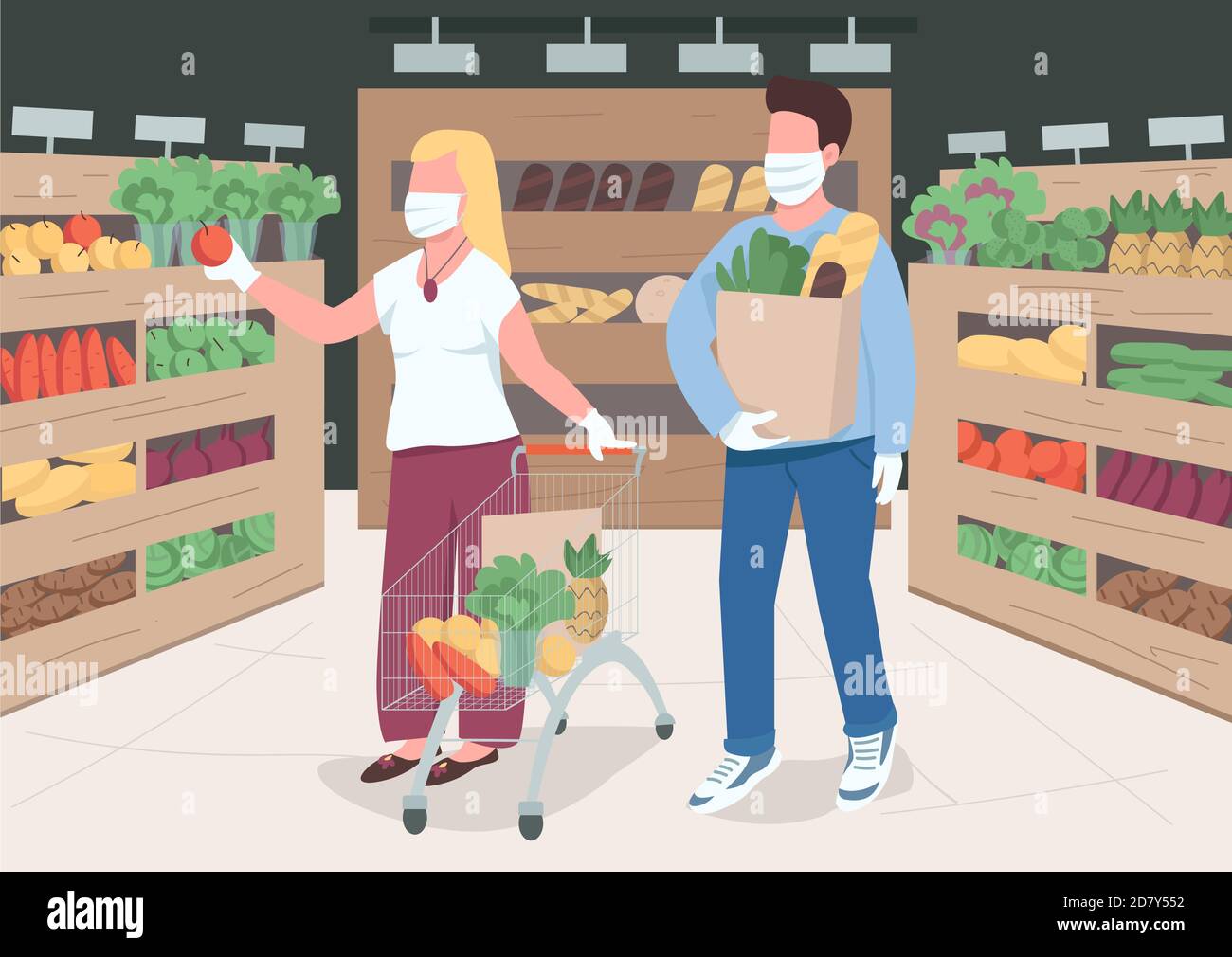 Couple in store during quarantine flat color vector illustration Stock ...