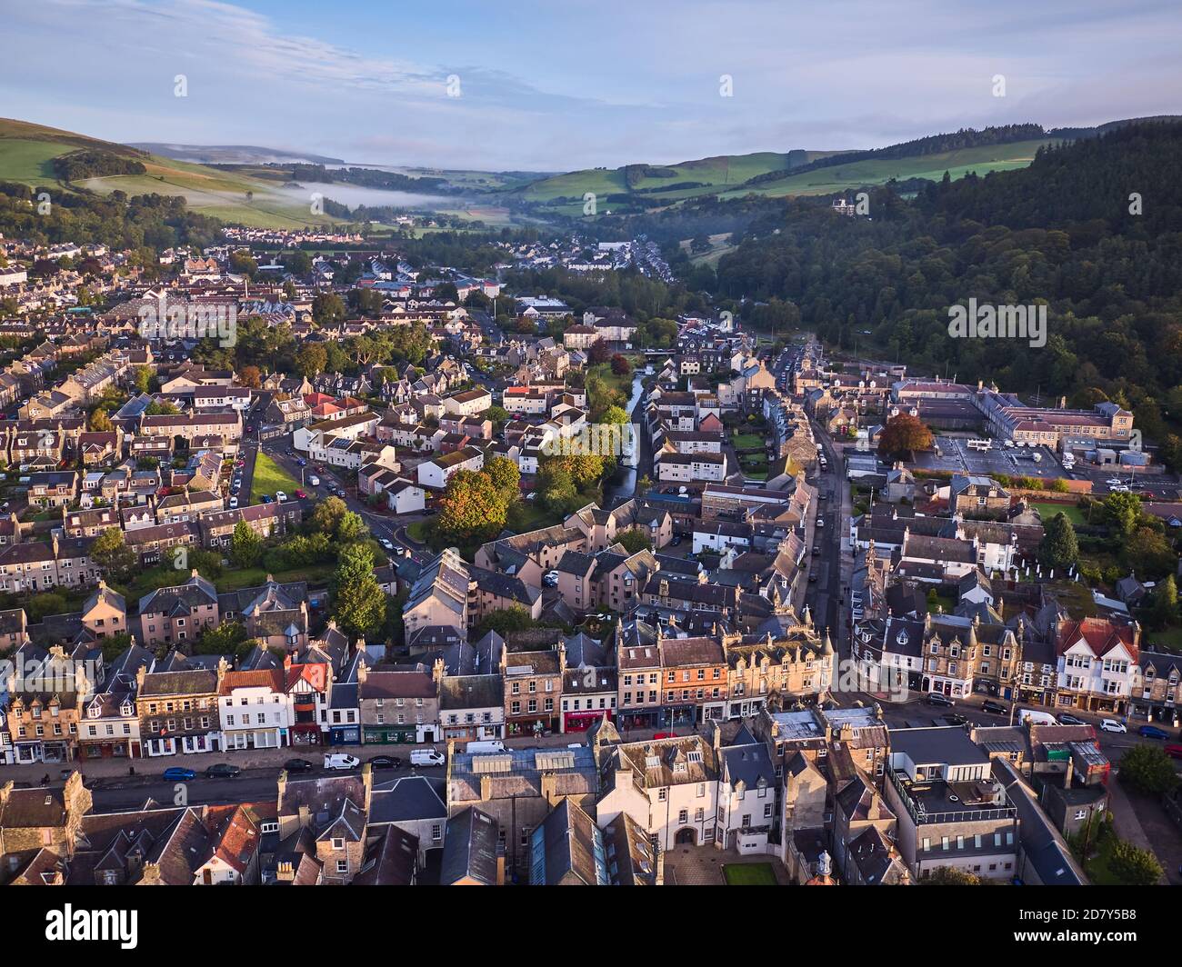 An aerial photograph over the Scottish Border town of Peebles on an ...