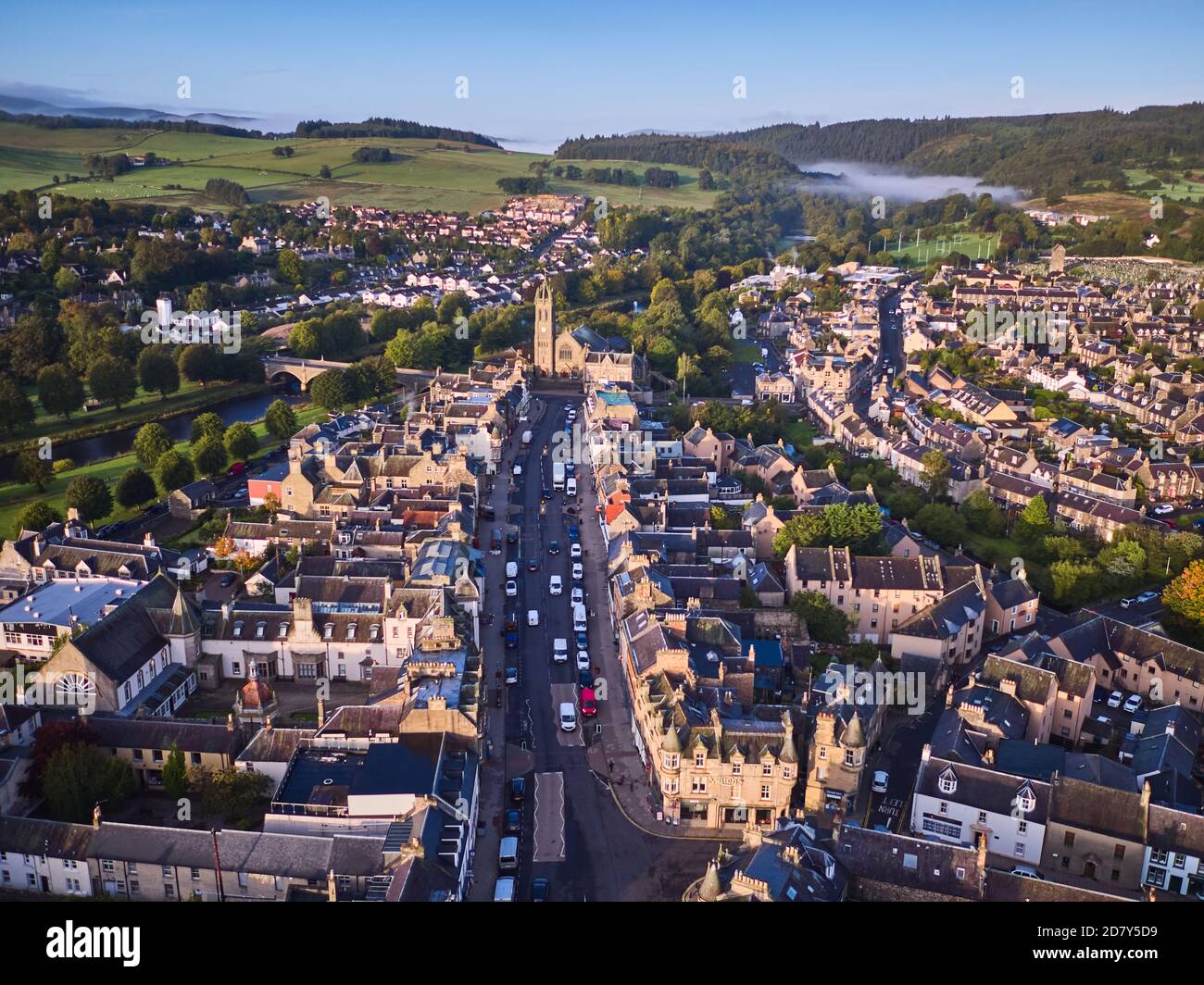 An aerial photograph over the Scottish Border town of Peebles on an ...