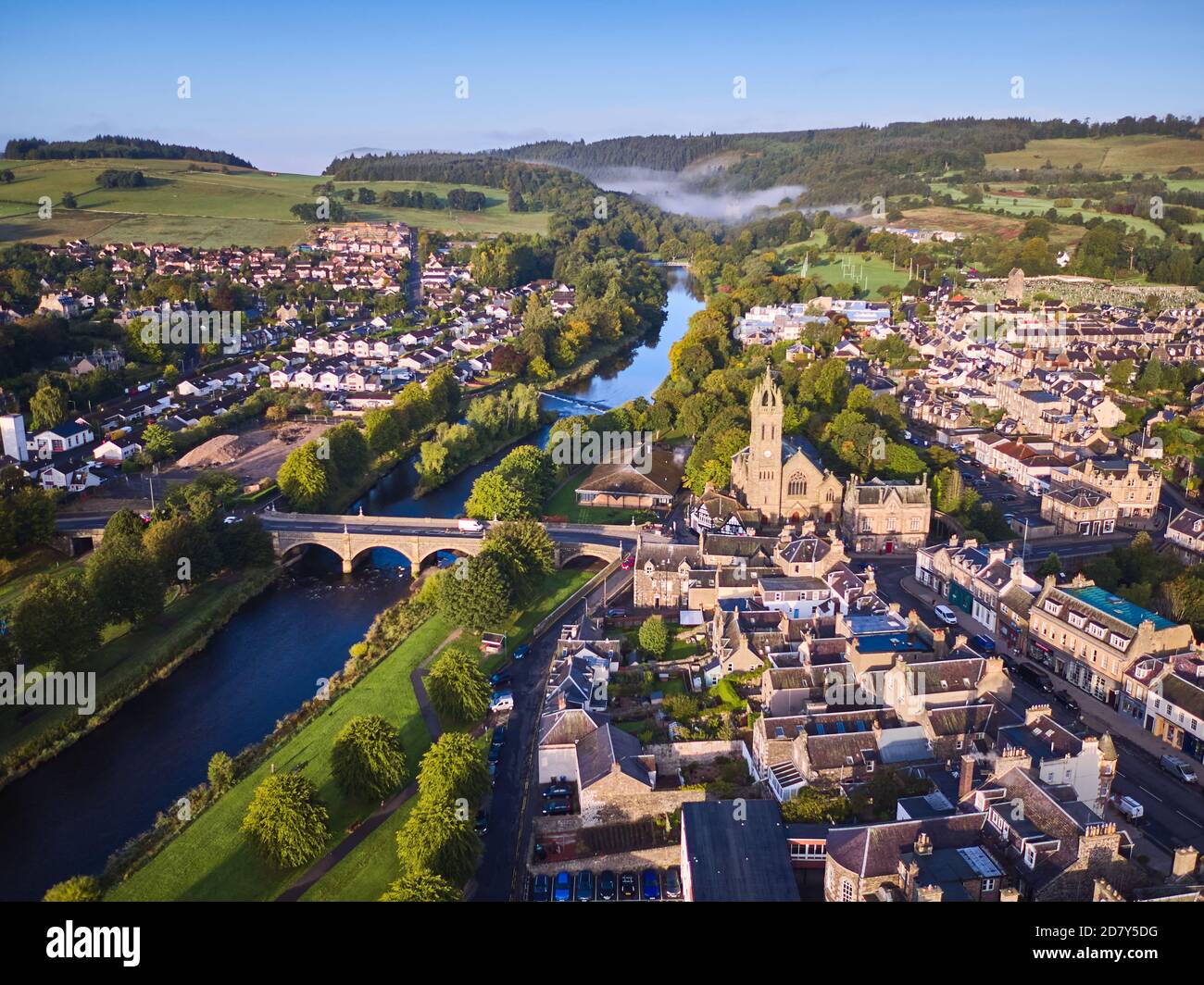 An aerial photograph over the Scottish Border town of Peebles on an ...