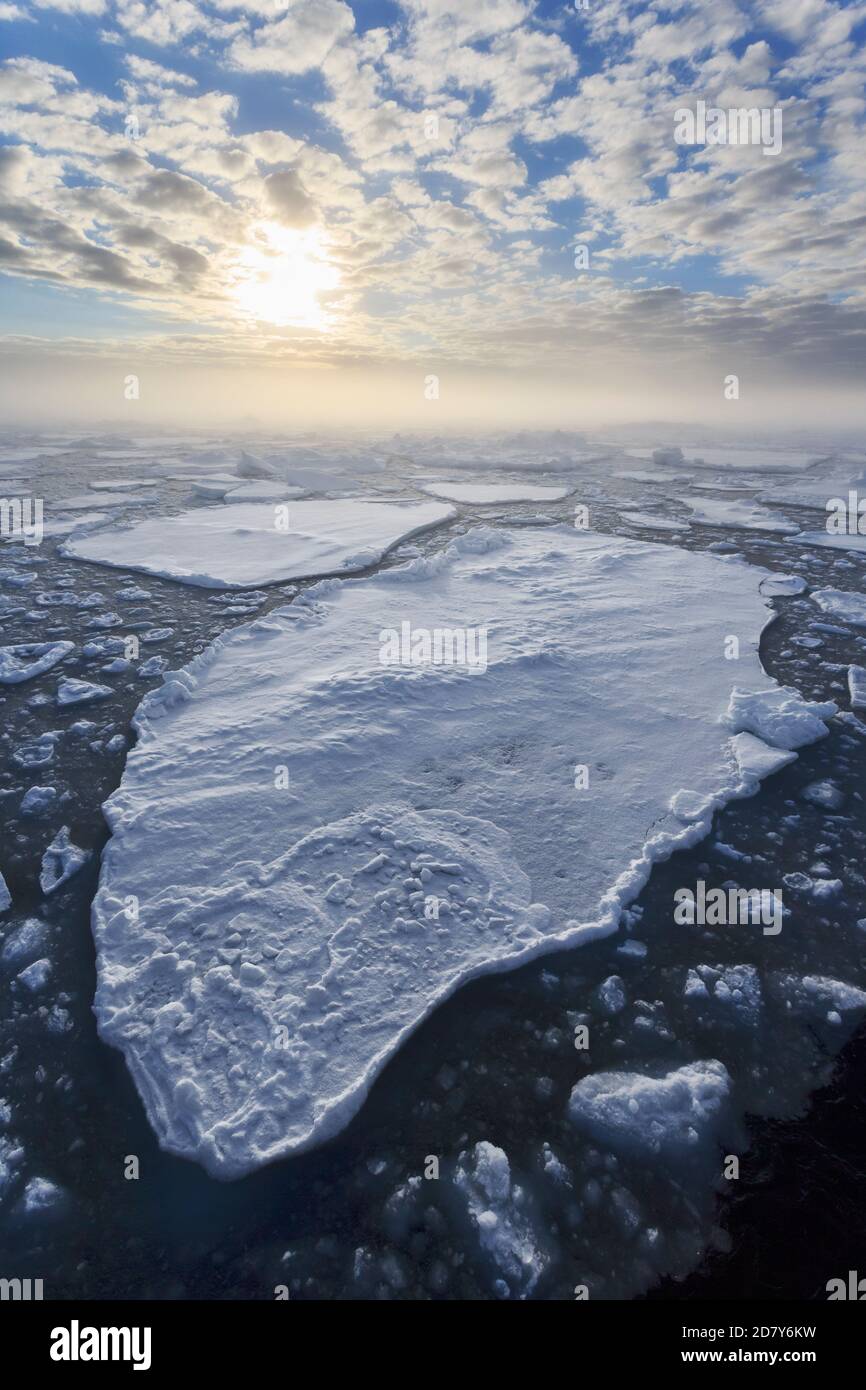 A beautiful large iceberg floats in the Arctic ocean. The sun shines ...