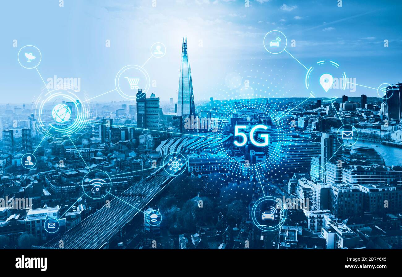 London UK concept of future technology 5G network wireless systems and ...