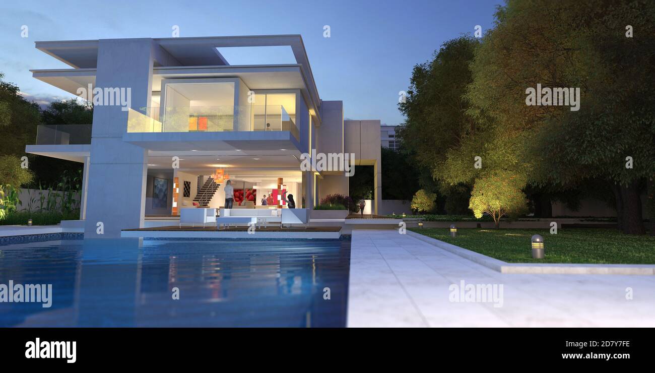 3D rendering of an upscale modern mansion with pool Stock Photo - Alamy