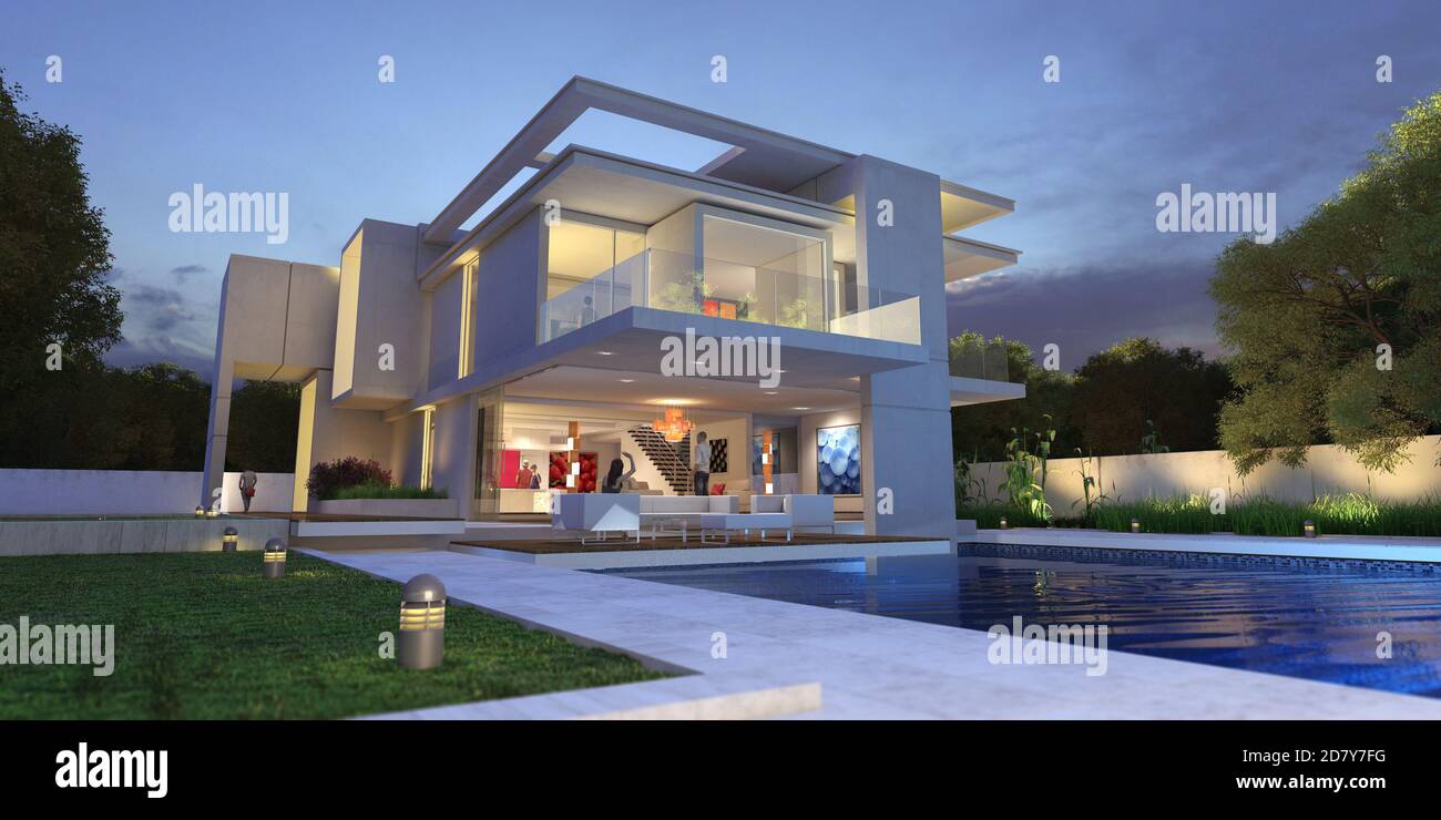 3D rendering of an upscale modern mansion with pool Stock Photo - Alamy