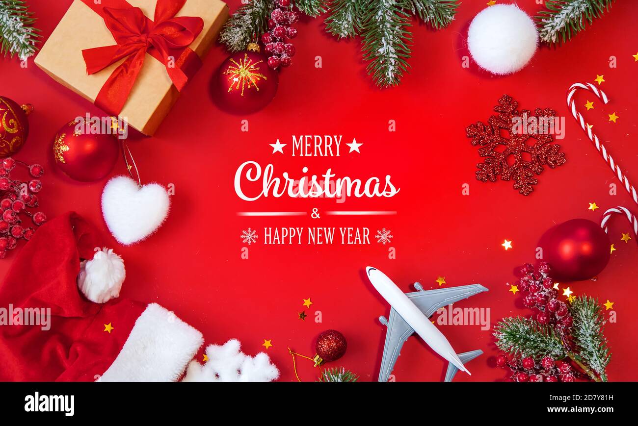Christmas background with airplane, travel. Selective focus nature ...