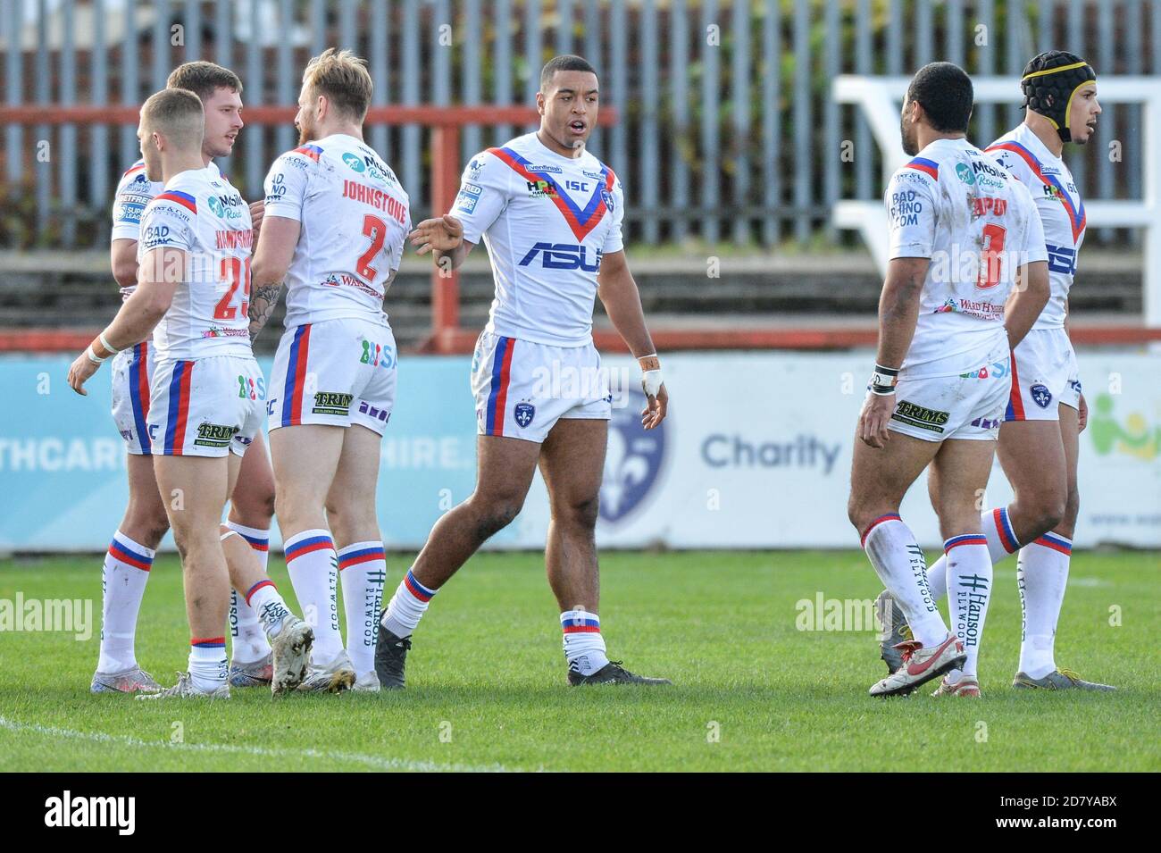 CELEBRATION Try scorer Wakefield Trinity's Reece Lyne (centre Stock ...