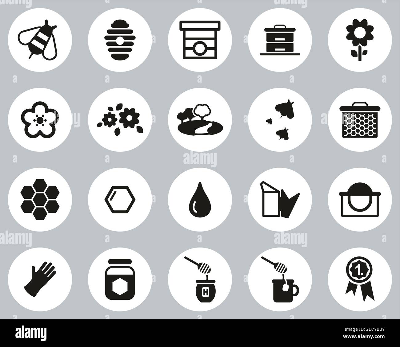 Honey Making & Bee Keeping Equipment Icons Black & White Flat Design Circle Set Big Stock Vector ...