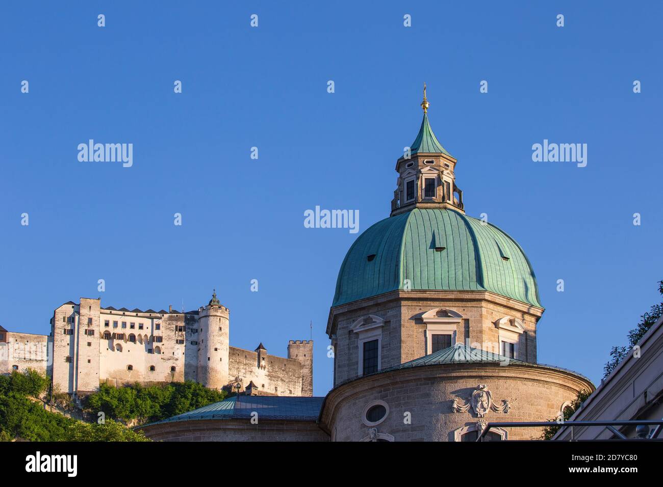 Austria, Salzburg, Hohensalzburg Castle and Dome of Salzburg Cathedral ...