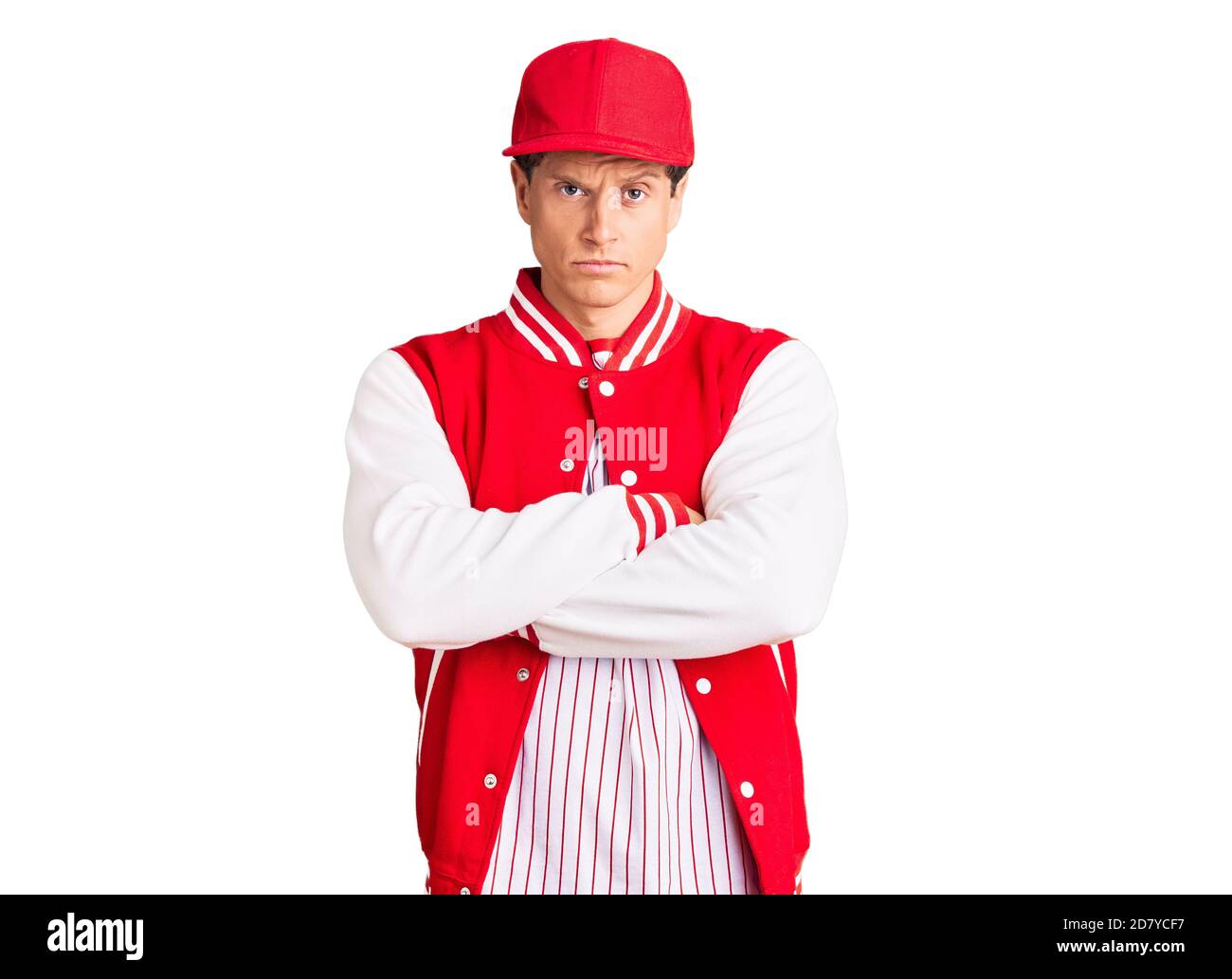 Young handsome man wearing baseball uniform skeptic and nervous ...