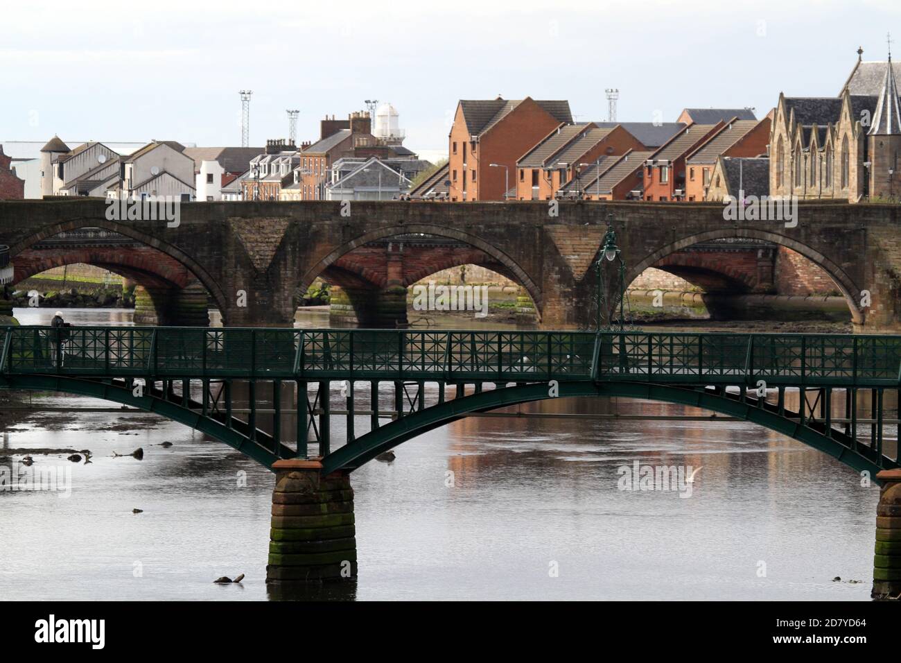 Ayr , Ayrshire, Scotland, UK . A view down the River Ayr with three ...