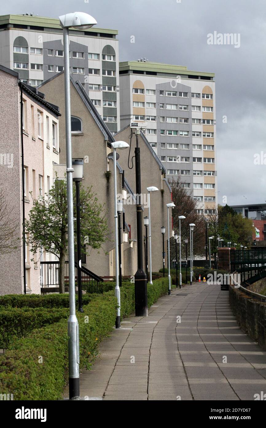 Ayr River Ayr walkway toward high rise flats, also shows new lamp post ...