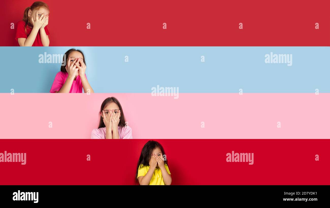 Shocked, scared. Young and happy caucasian kids gesturing isolated on ...