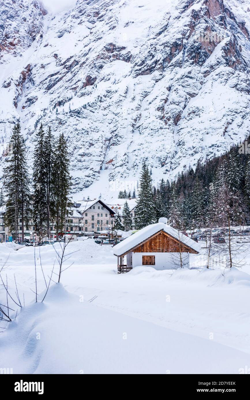 Dolomites. Lake Braies in winter. Italy Stock Photo - Alamy