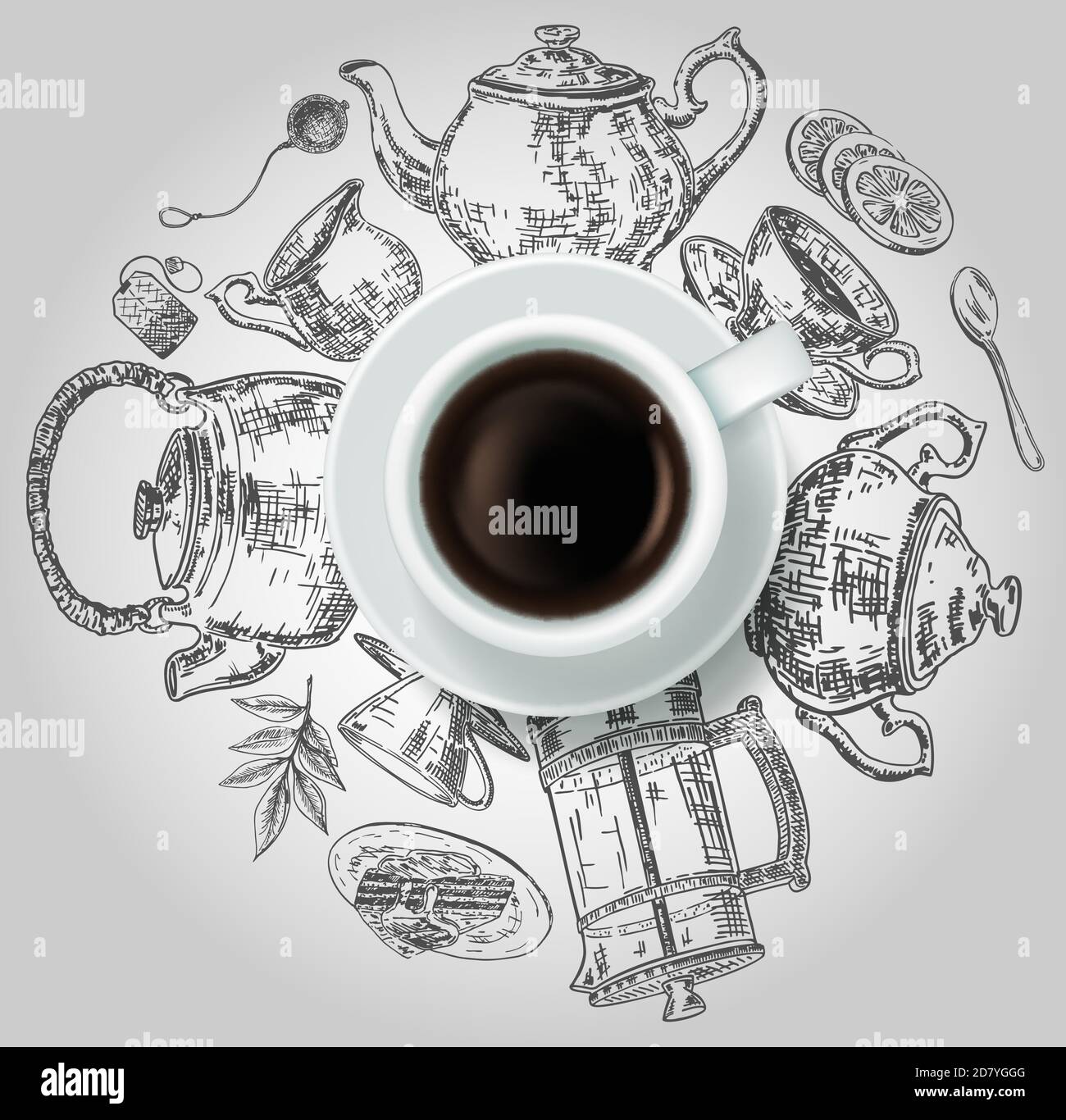 Cup of black tea with tea items vector creative illustration Stock ...