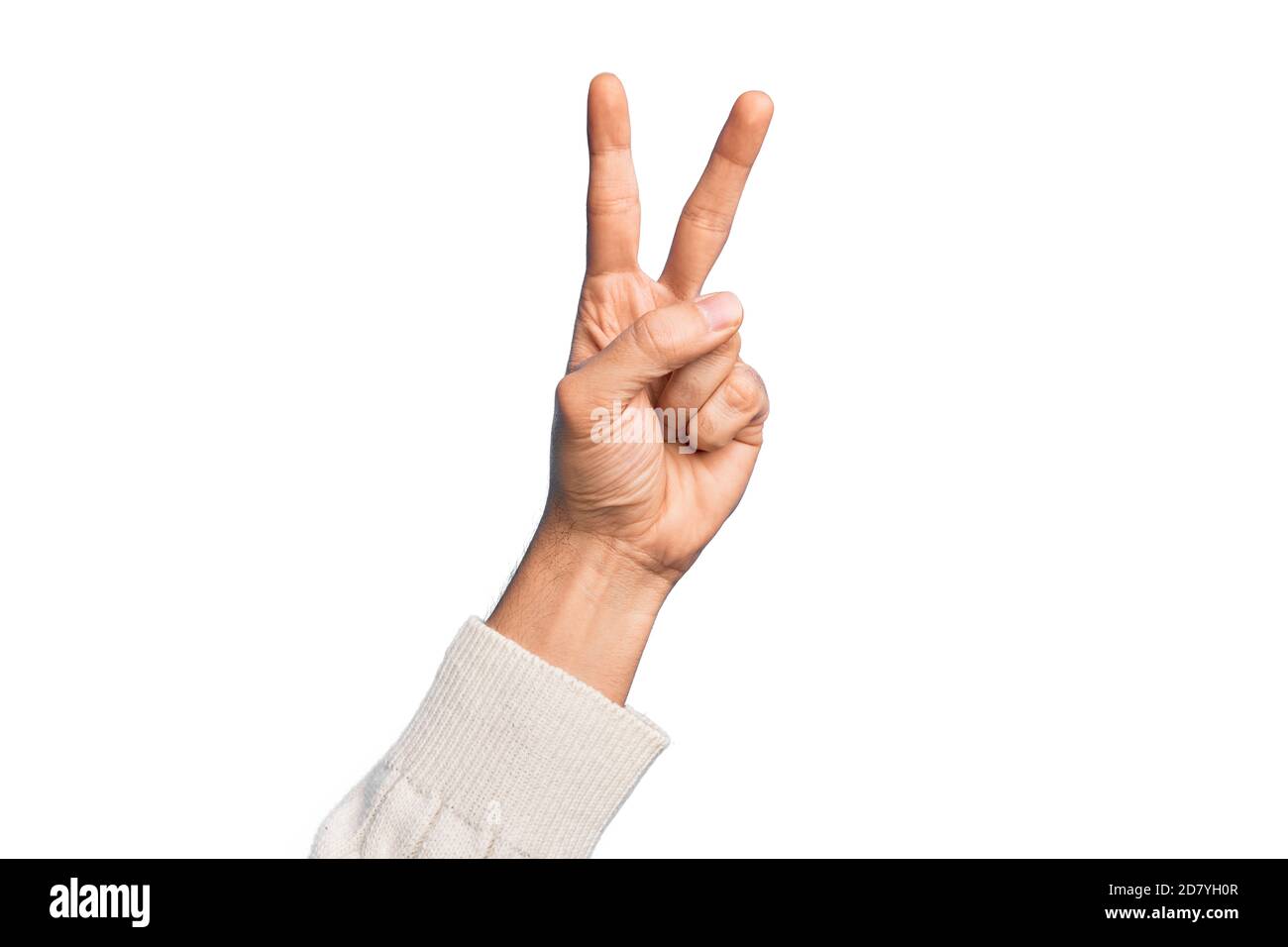 Hand of caucasian young man showing fingers over isolated white background counting number 2 ...