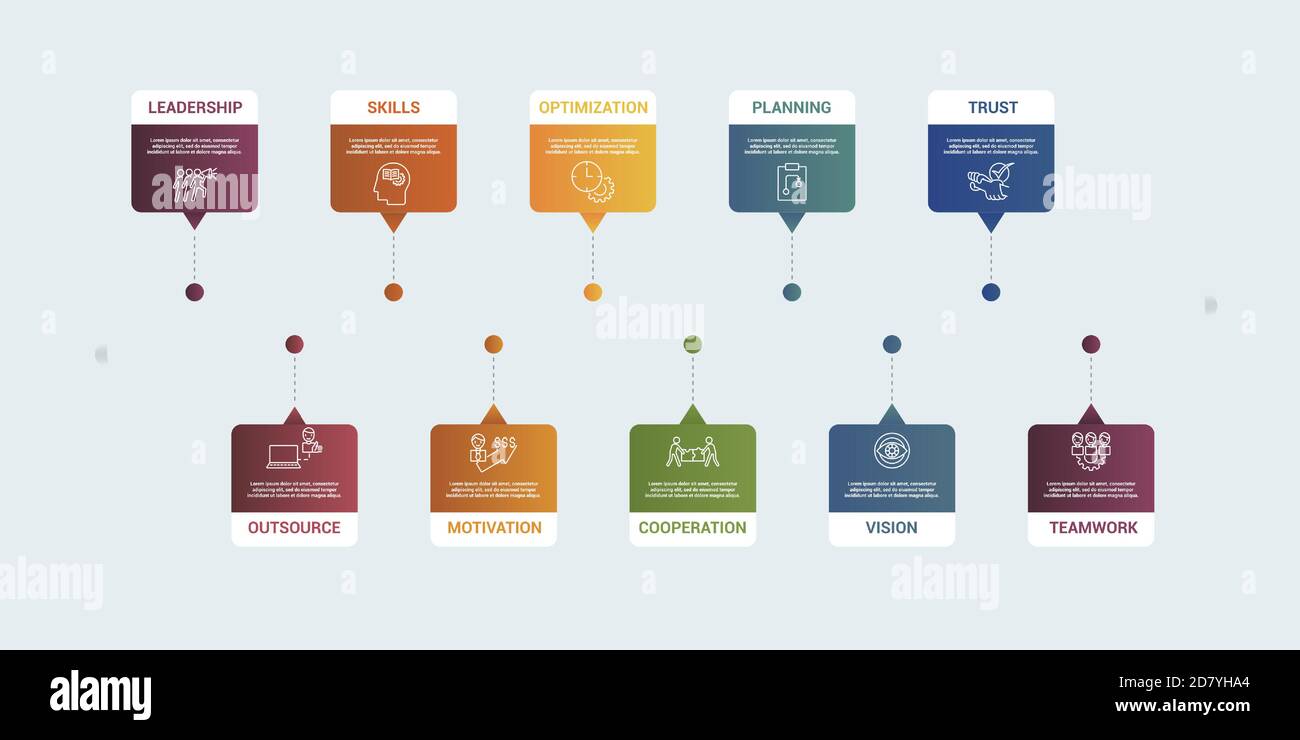 Infographic Teamwork template. Icons in different colors. Include ...