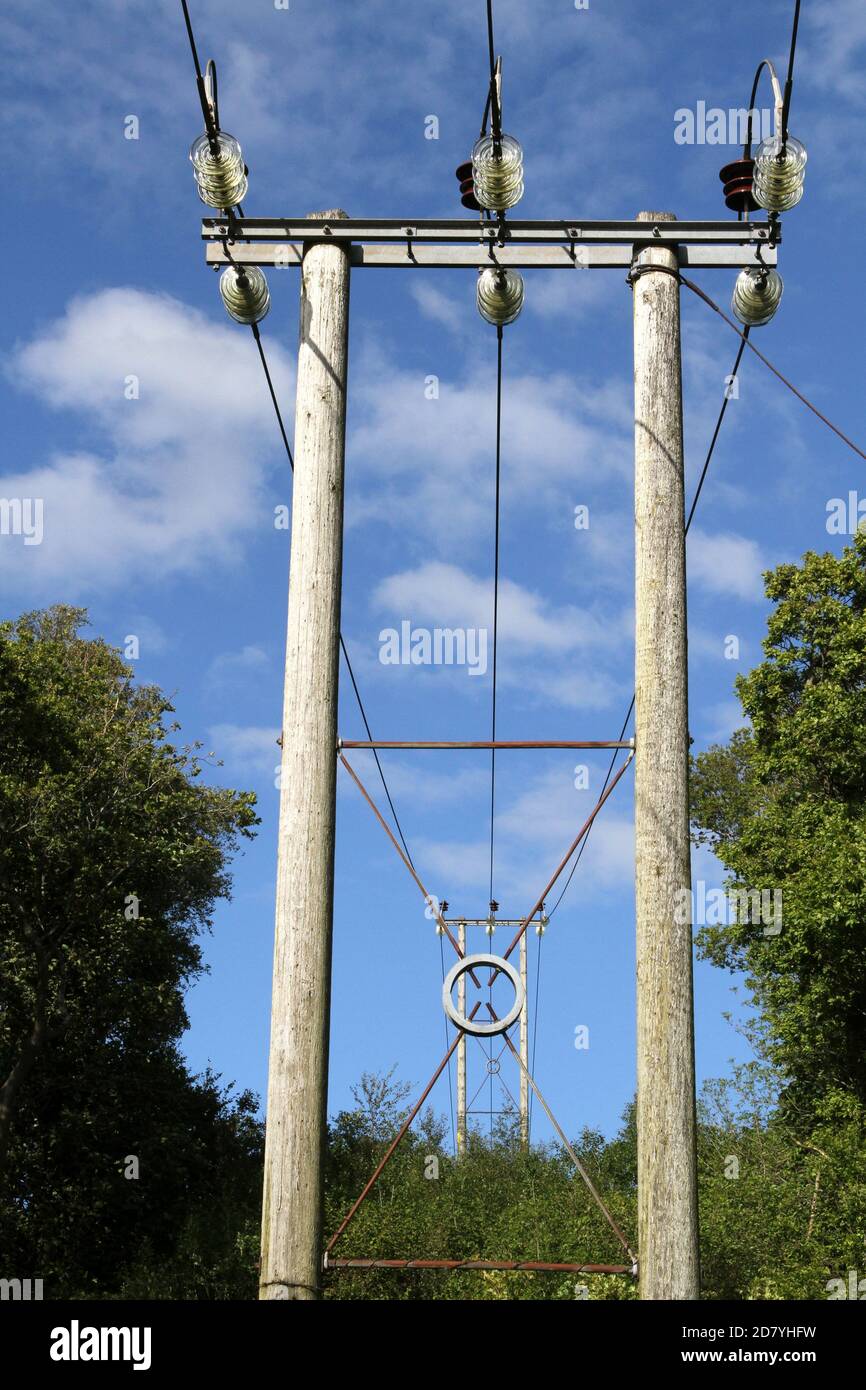 Overhead Electricity Powers lines in the Scottish Countryside, blue ...