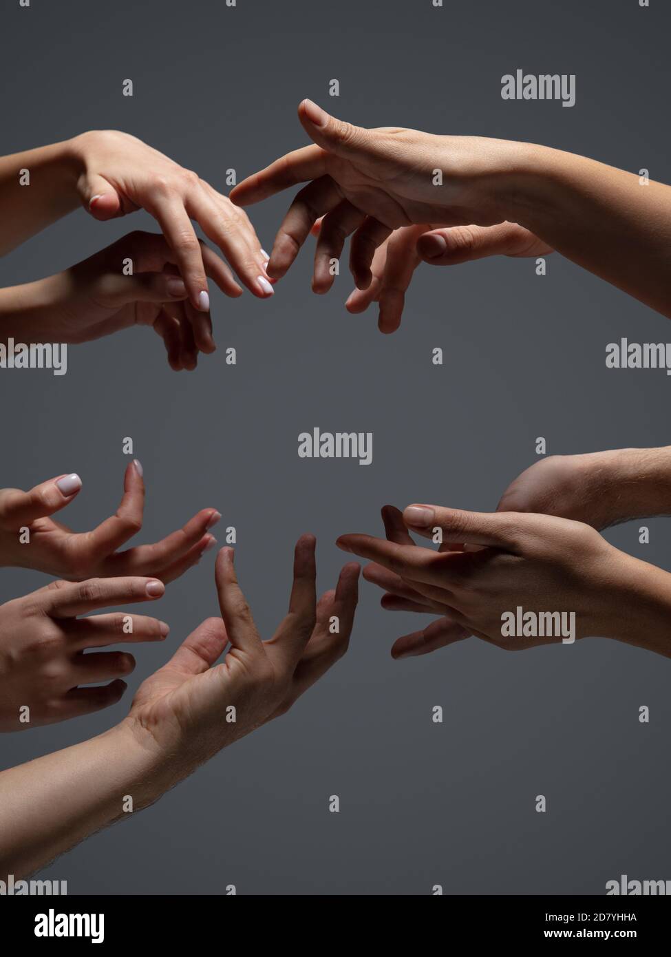 Hope. Hands of people's crows in touch isolated on grey studio ...