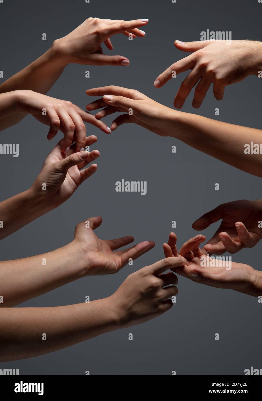 Feelings. Hands of people's crows in touch isolated on grey studio ...
