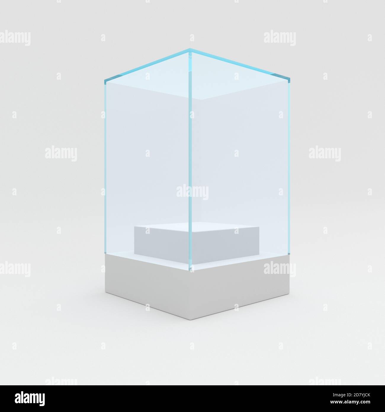 Glass showcase. Empty glass box with white podium for product isolated ...