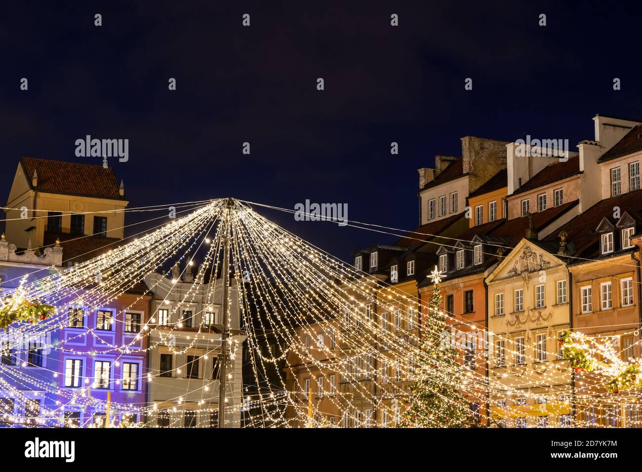 Christmas lights at night in Old Town of Warsaw city in Poland Stock ...