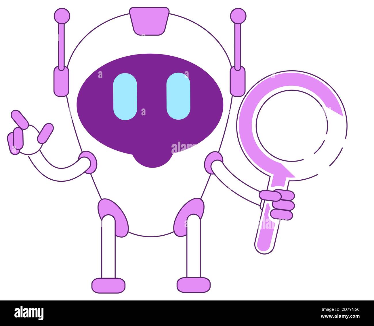 Cute modern robot with magnifying glass violet linear object Stock ...