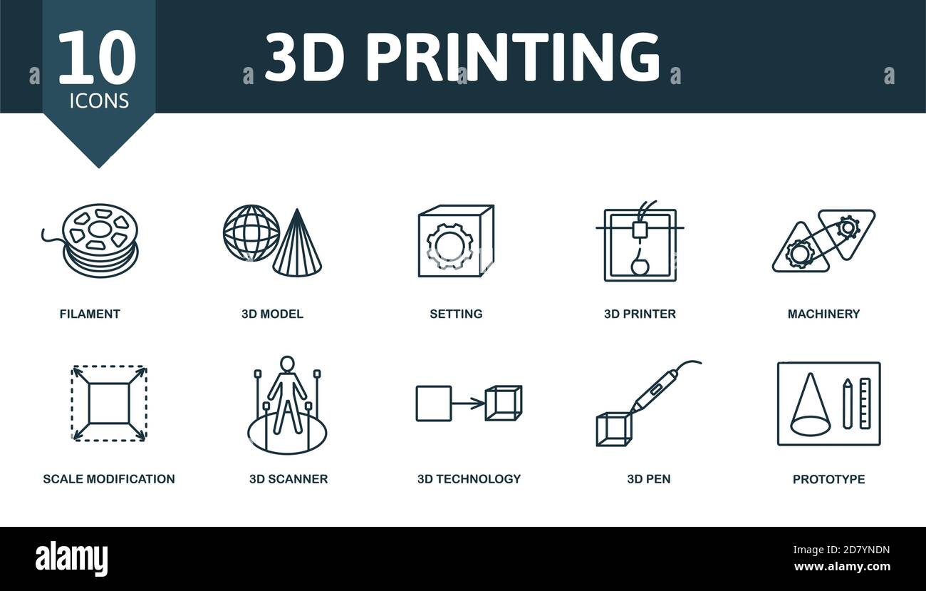 3D Printing icon set. Collection contain filament, model, setting ...