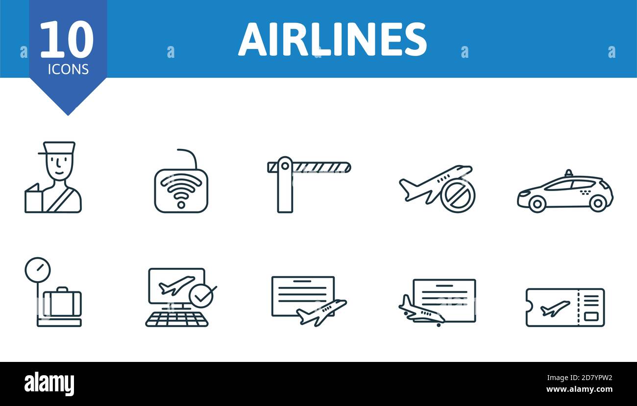 Airlines icon set. Collection contain takeoff, landing, around the ...
