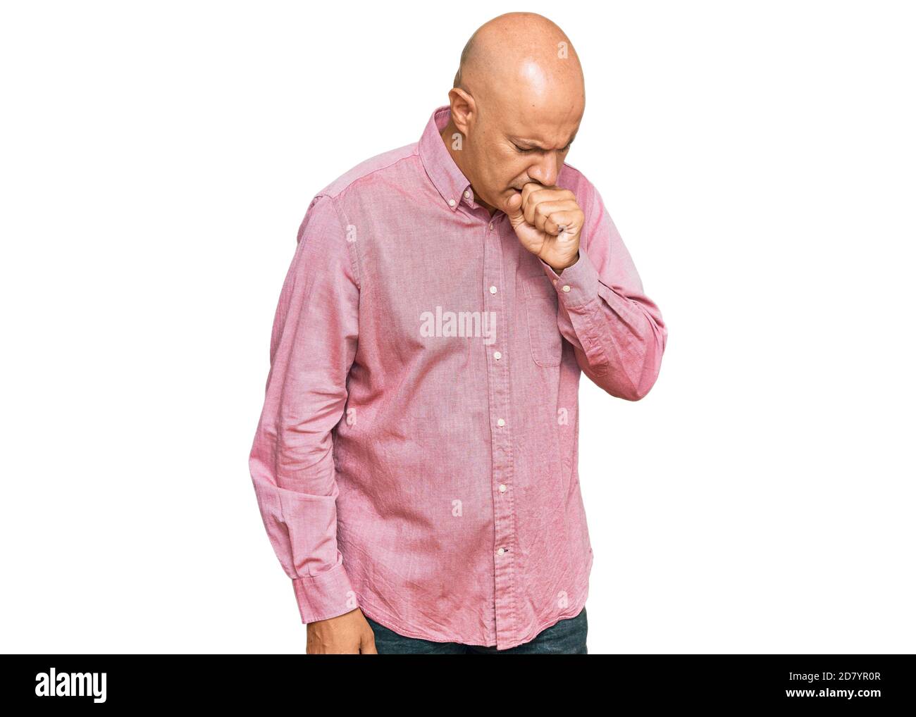 Middle age bald man wearing casual clothes feeling unwell and coughing ...