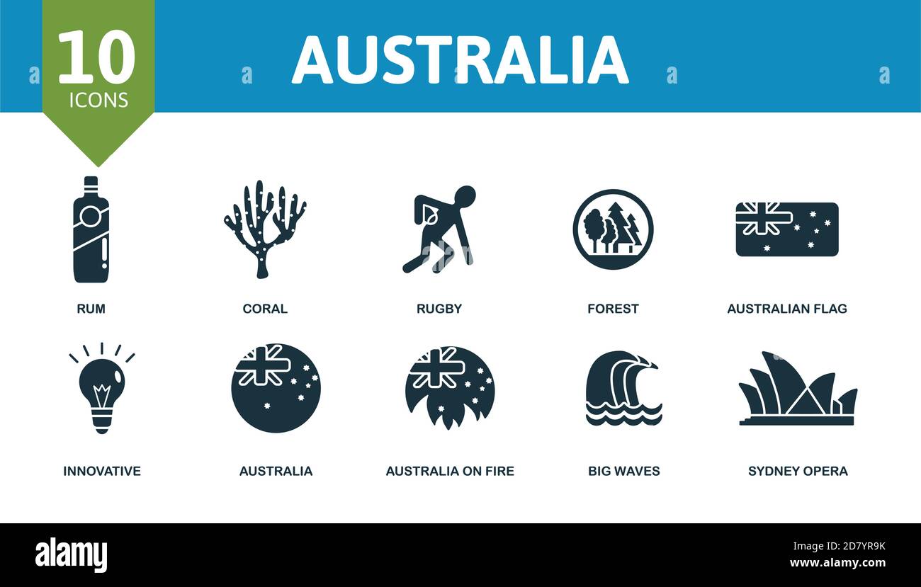 Australia icon set. Collection contain kangaroo, koala, boomerang ...