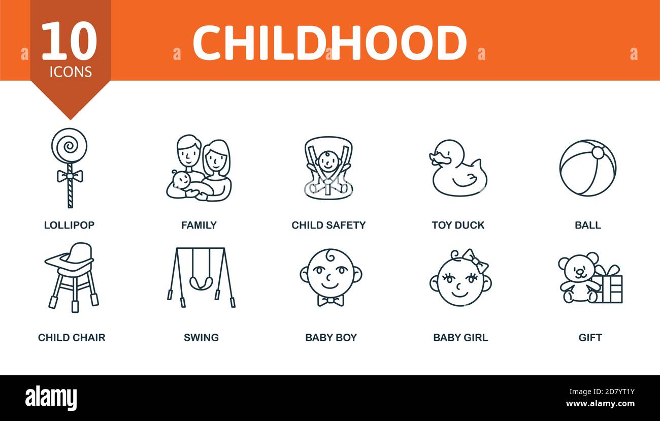 Childhood icon set. Collection contain lollipop, toy, duck, ball, swing ...