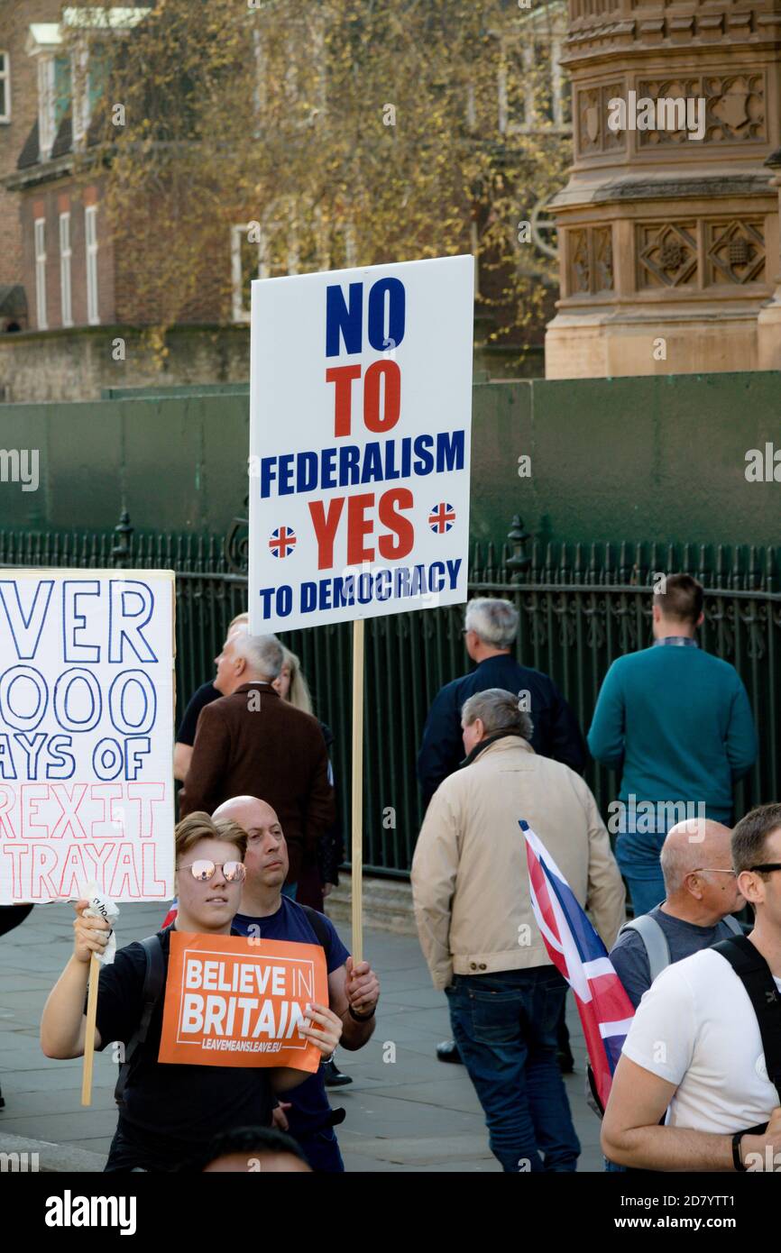 London, United Kingdom, March 29th 2019:- Pro Brexit marchers outside ...