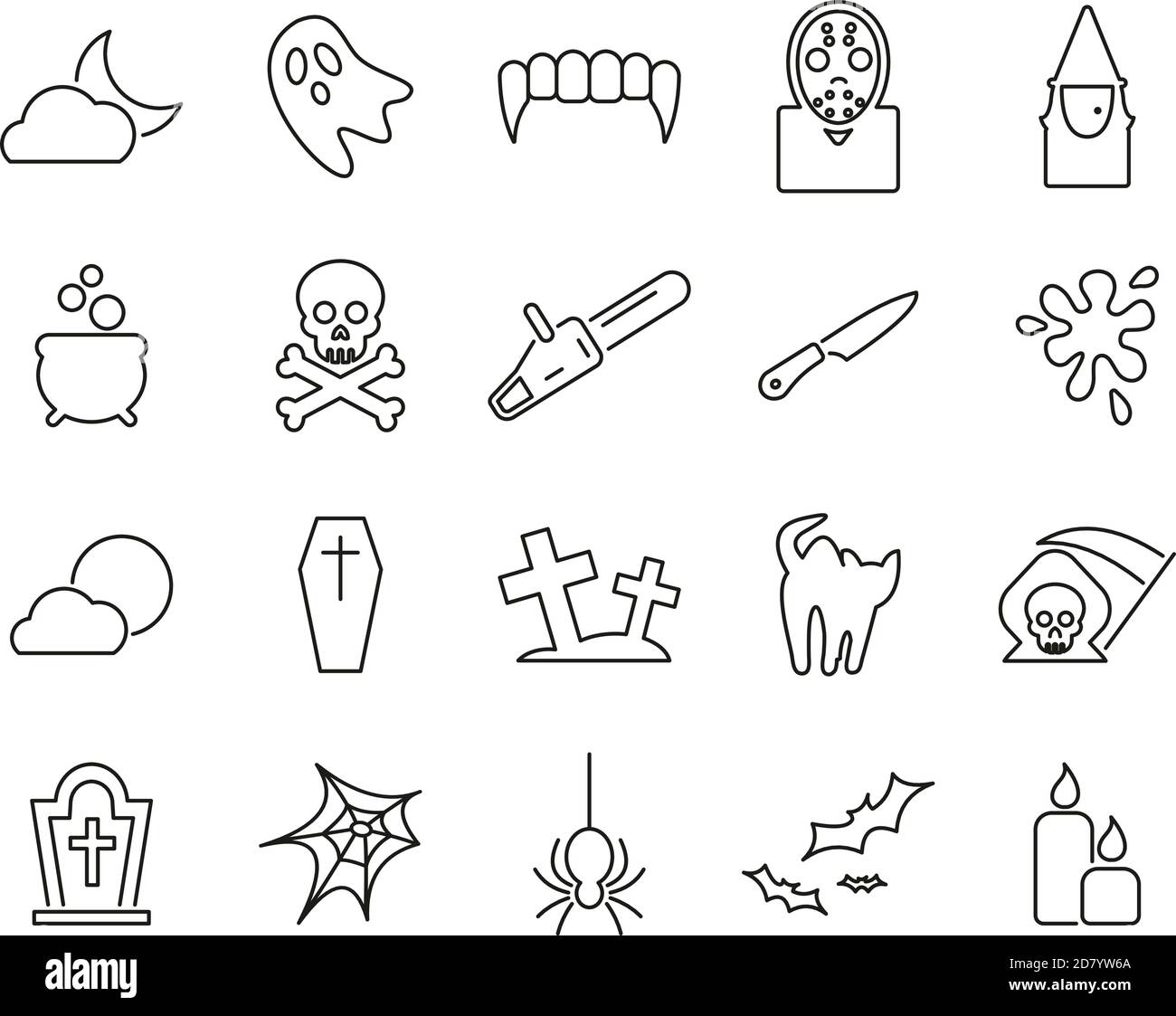 Horror Or Scary Icons Black & White Thin Line Set Big Stock Vector ...