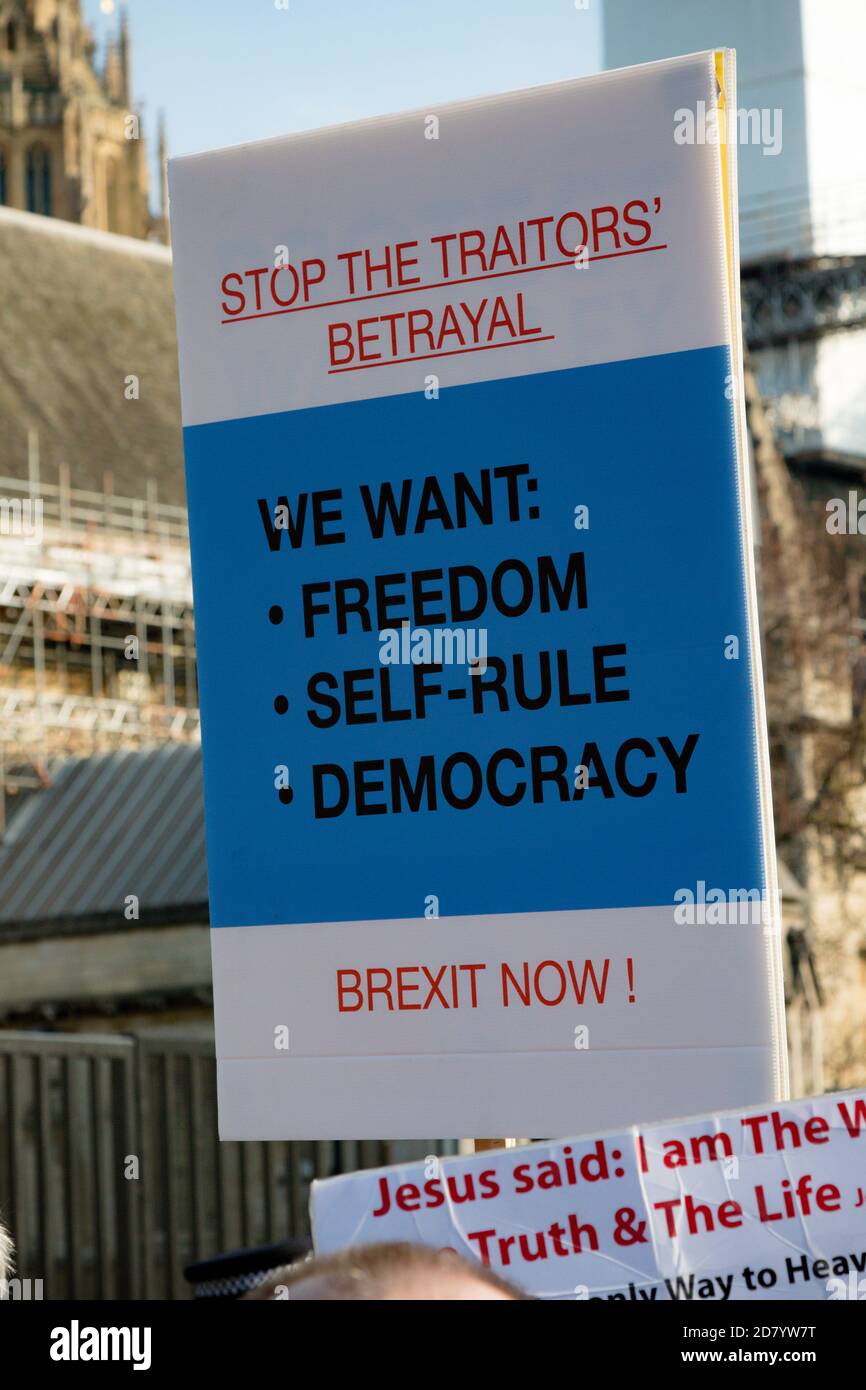 London, United Kingdom, March 29th 2019:- Pro Brexit marchers outside ...