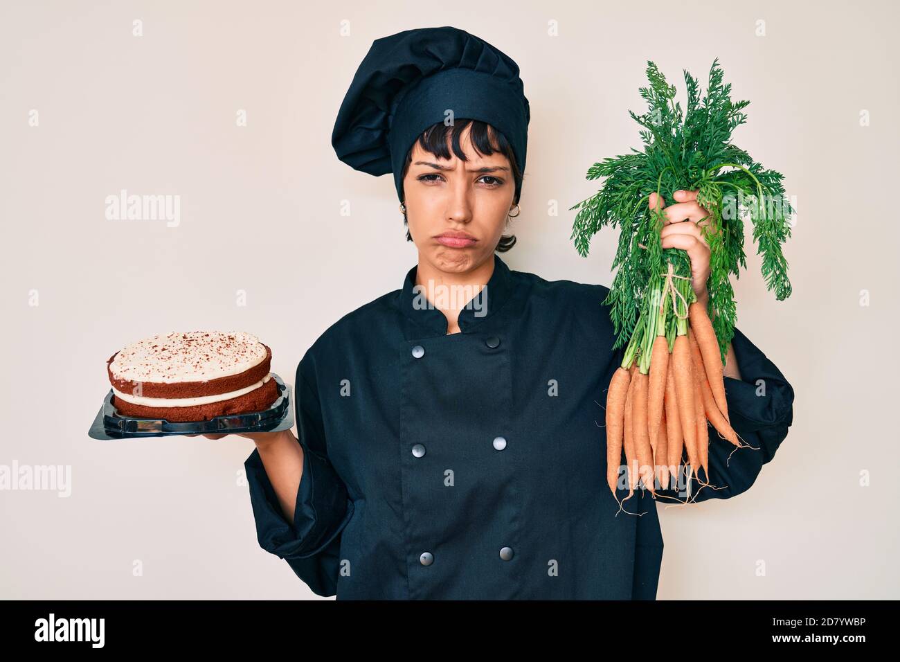 Beautiful brunettte woman chef cooking carrot cake depressed and worry ...